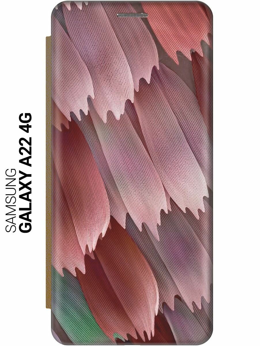 Чехол-книжка на Samsung Galaxy A22, M32, M22, Самсунг А22, М32, М22 c принтом "Розовые лепестки" золотистый