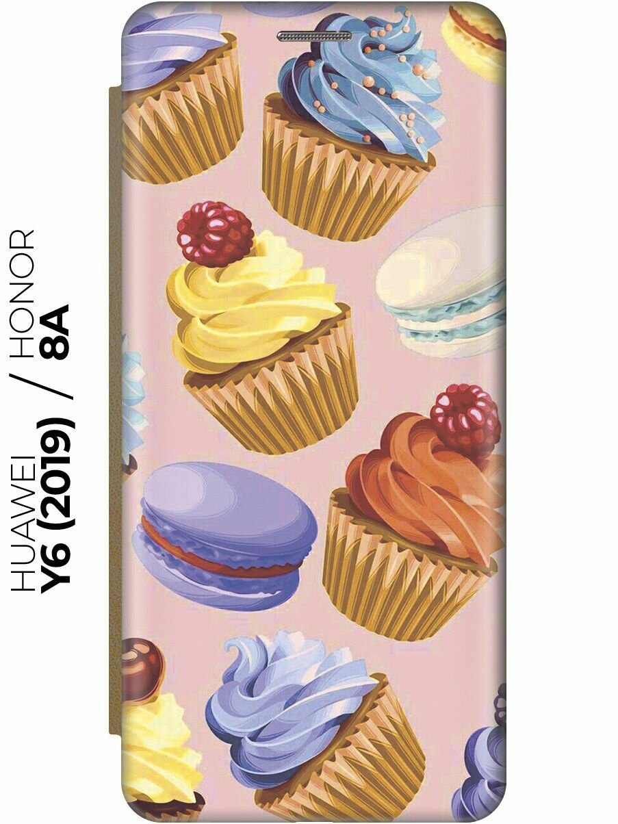 Чехол-книжка Капкейки на Honor 8A / 8A Pro / Huawei Y6 (2019) / Y6 Prime (2019) / Хонор 8а / 8а Про / Хуавей У6 2019 / У6 Прайм 2019 золотой
