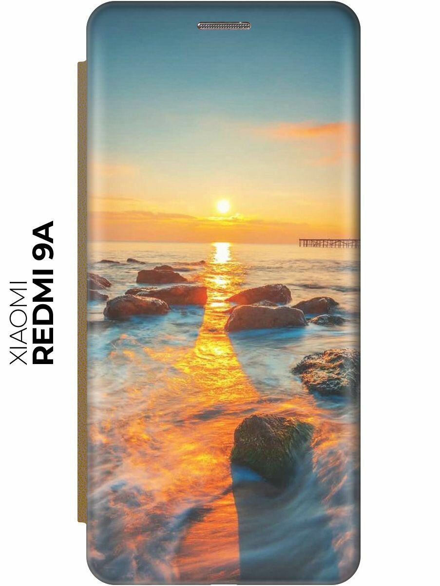 Чехол-книжка Закат на побережье на Xiaomi Redmi 9A / Сяоми Редми 9А золотой
