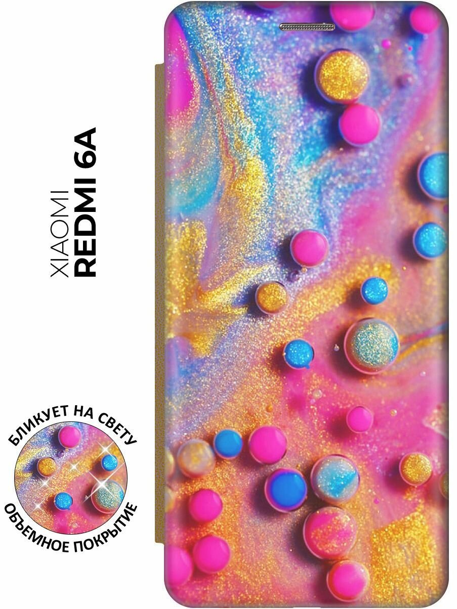 Чехол-книжка Разноцветные капли красок на Xiaomi Redmi 6A / Сяоми Редми 6А с эффектом блика золотой