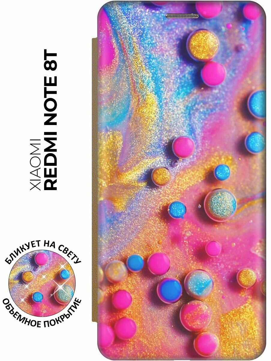 Чехол-книжка Разноцветные капли красок на Xiaomi Redmi Note 8T / Сяоми Редми Ноут 8Т с эффектом блика золотой