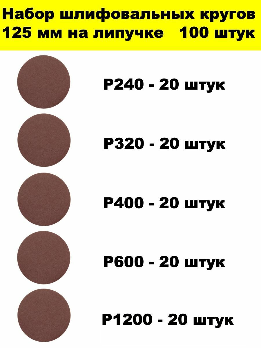 Круг шлифовальный абразивный на липучке 125 мм 100 шт. Р240, Р320, Р400, Р600, Р1200