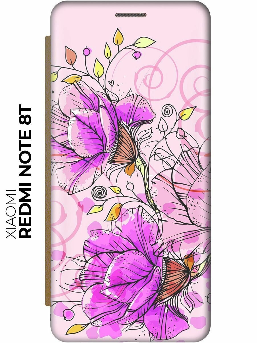 Чехол-книжка Розовые цвета на Xiaomi Redmi Note 8T / Сяоми Редми Ноут 8Т золотой