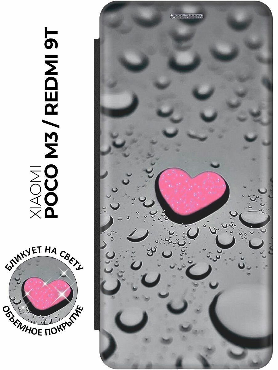 Чехол-книжка Капля в форме сердечка на Xiaomi Redmi 9T / Poco M3 / Сяоми Поко М3 / Сяоми Редми 9Т с эффектом блика черный