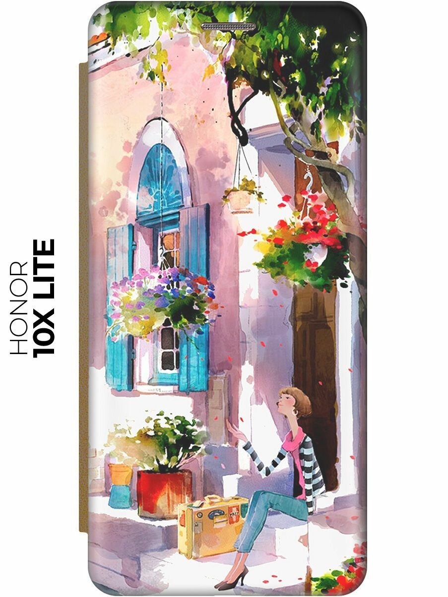 Чехол-книжка Девочка на цветущей улочке на Honor 10x Lite / Хонор 10Х Лайт золотой
