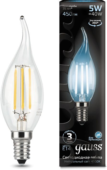 Лампа филам. Gauss Filament 5Вт цок: E14 свеча 220B 4100K св. свеч. бел. ней. (упак:10шт) (104801205)