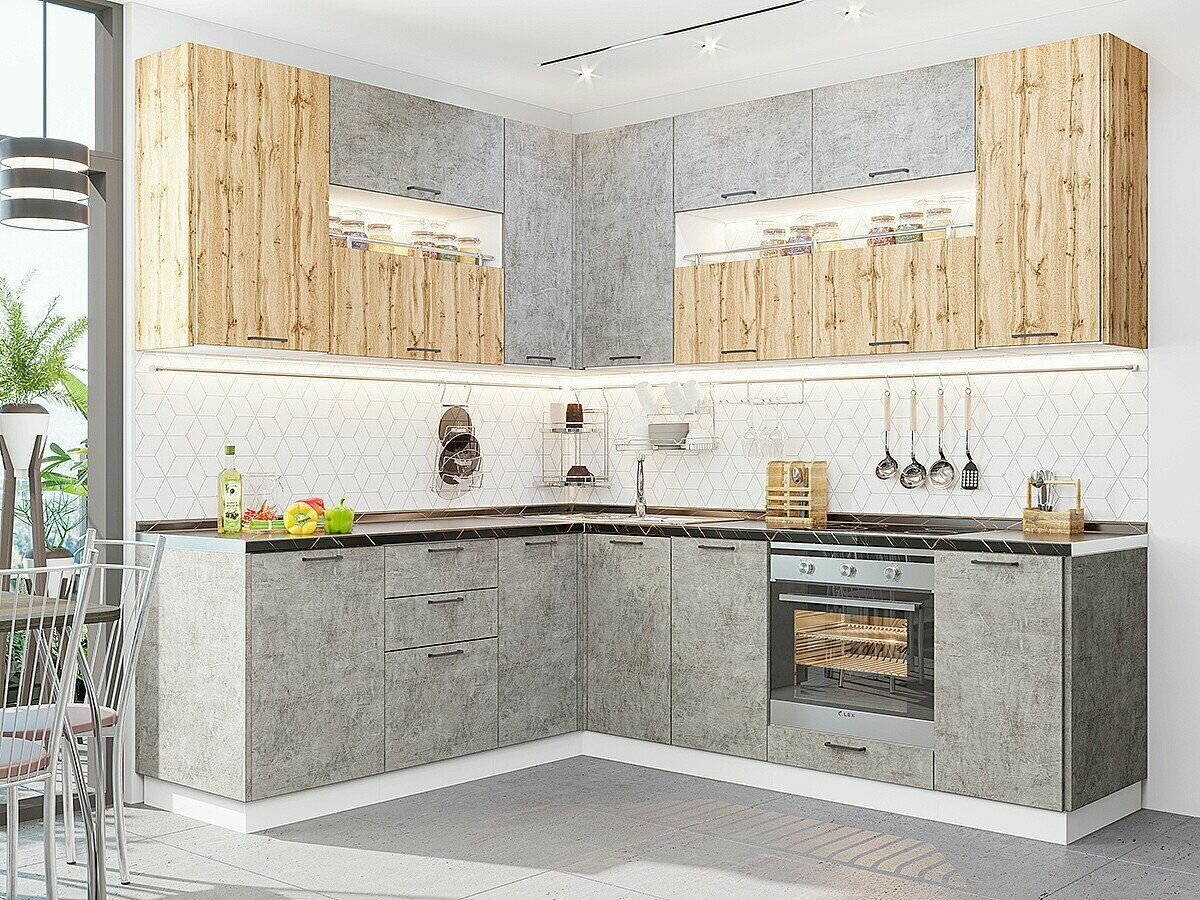 Кухонный гарнитур Флэт Wotan Oak/Temple Stone, 2020/2420 мм