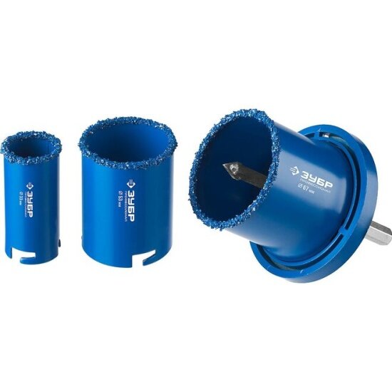 Набор кольцевых коронок Зубр "Профессионал" c карбид-вольфрамовым нанесением, 5 предм. в блистере: коронки d 33, 53, 67 мм, основание, сверло 33350-H5