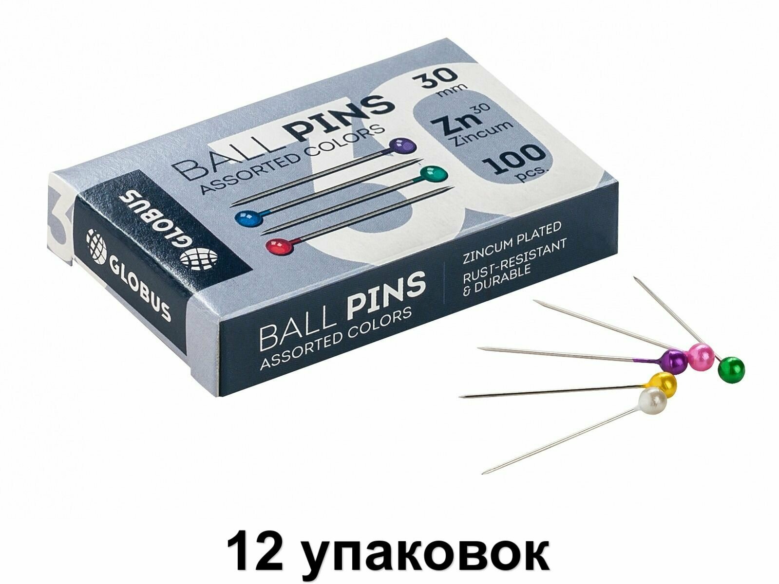 Глобус Булавки для пробковых досок, 30 мм, 100 шт, 12 уп
