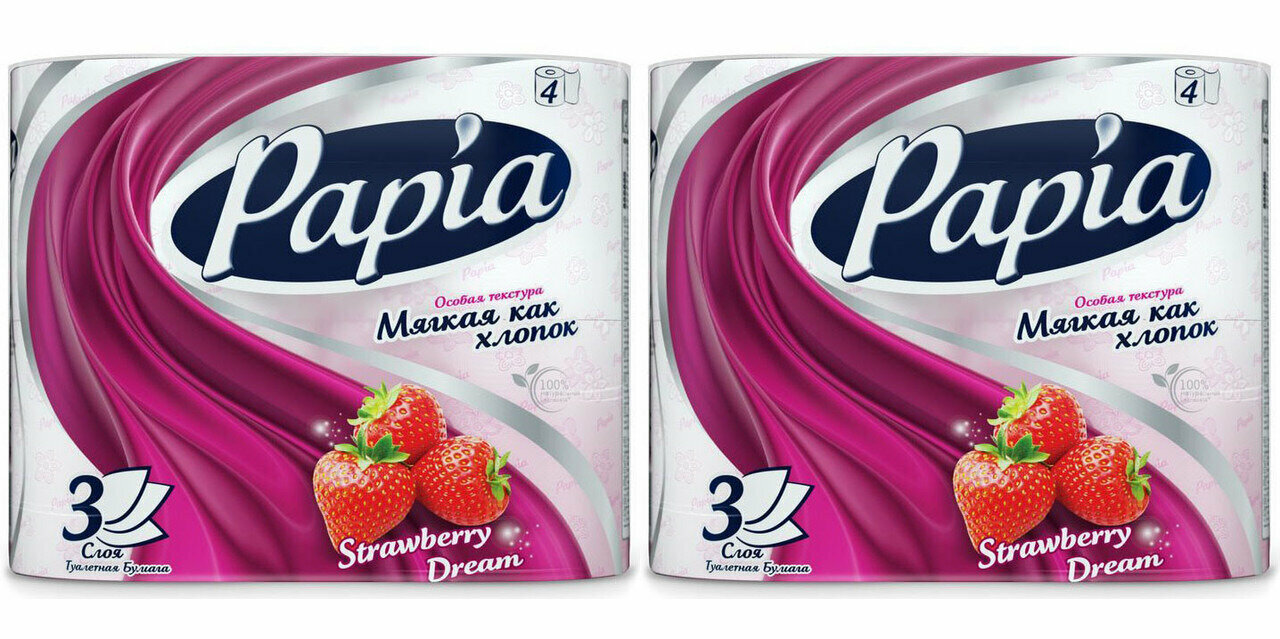 Papia Туалетная бумага белая с ароматом Strawberry Dream и рисунком трёхслойная, 4 шт, 2уп