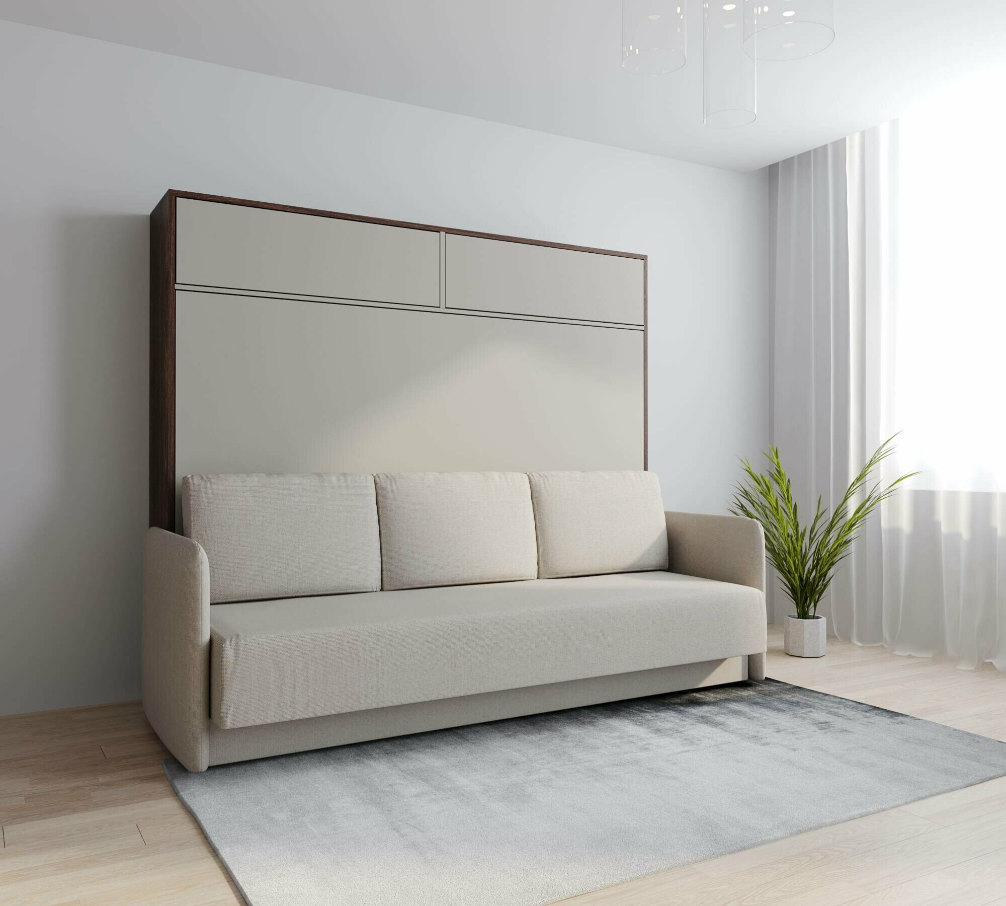 Шкаф кровать-трансформер с диваном Аджи Пуф 1400 с антресолью, узкими подлокотниками и нижней планкой Лайт Космо