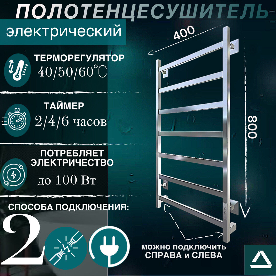 Полотенцесушитель электрический TermoPrime 400мм 800мм с терморегулятором форма лесенка подключение слева и справа