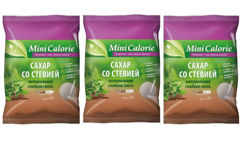 Сахар Mini Calorie со стевией, в 3 раза слаще сахара, 500 гр, 3 уп