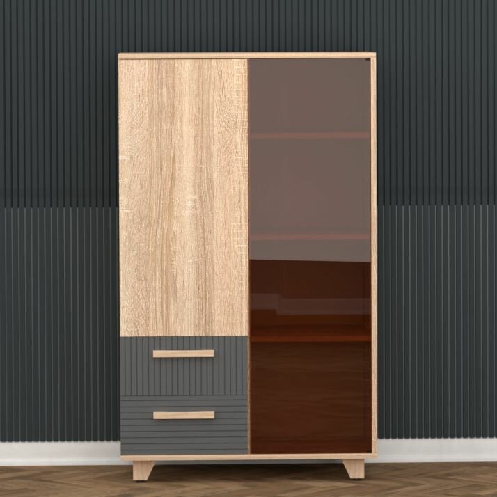 Стеллаж Копенгаген со стеклом ЛДСП Дуб Сонома / МДФ Серый графит (12 стульев)