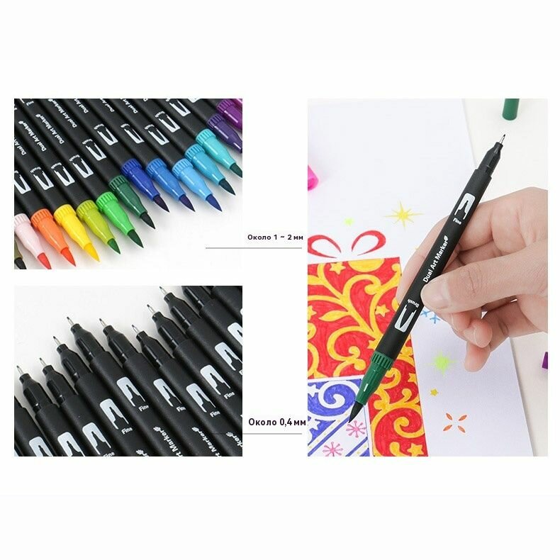 Маркеры двусторонние кисть и линер DENKSY 120 цветов