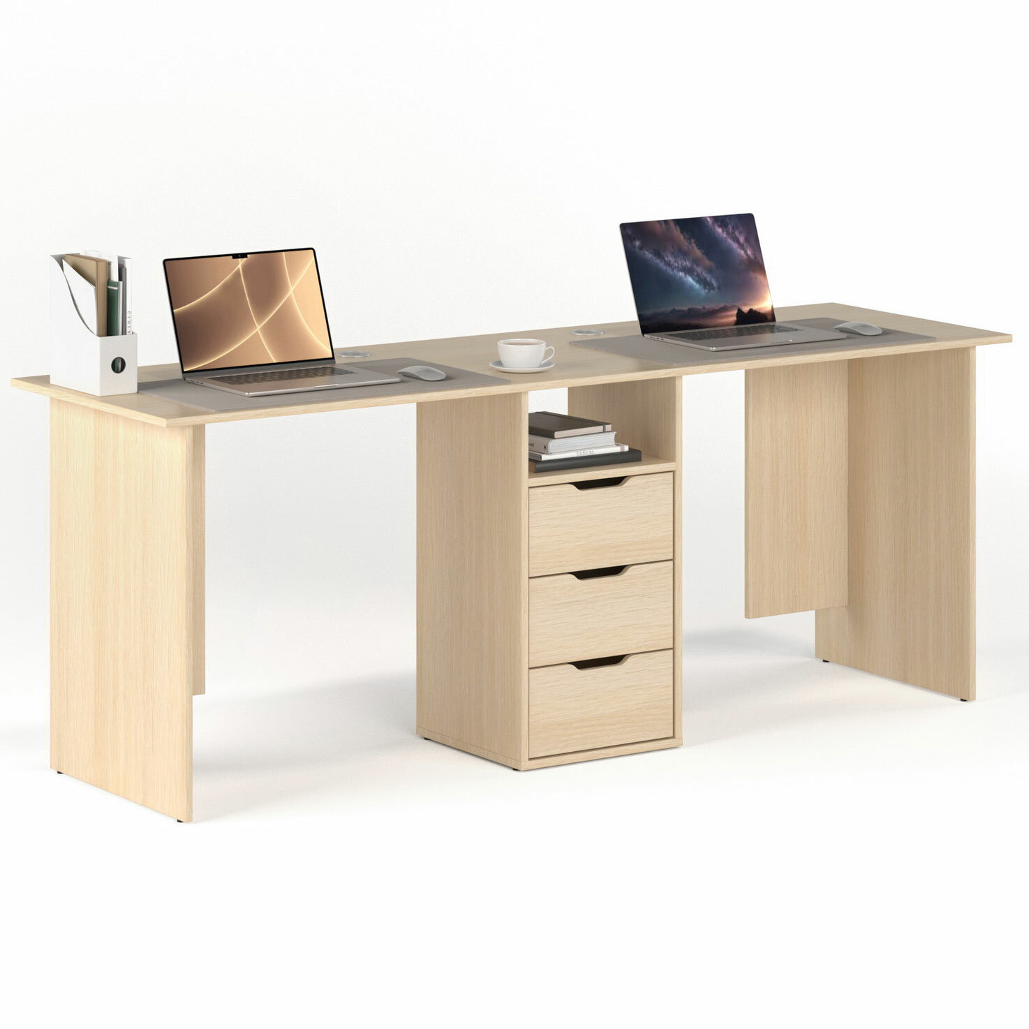 Письменный стол для двоих однотумбовый с 3 ящиками МагМебель 89 дуб молочный