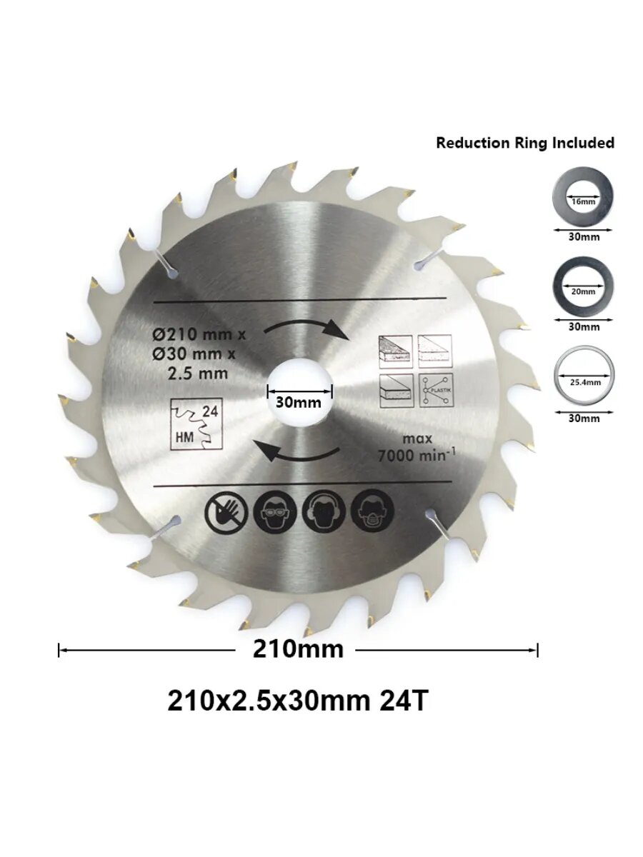 Диск пильный твёрдосплавный по дереву 210х30х24Т TCT, для обработки дерева, пластика, для циркулярных пил, торцевых пил