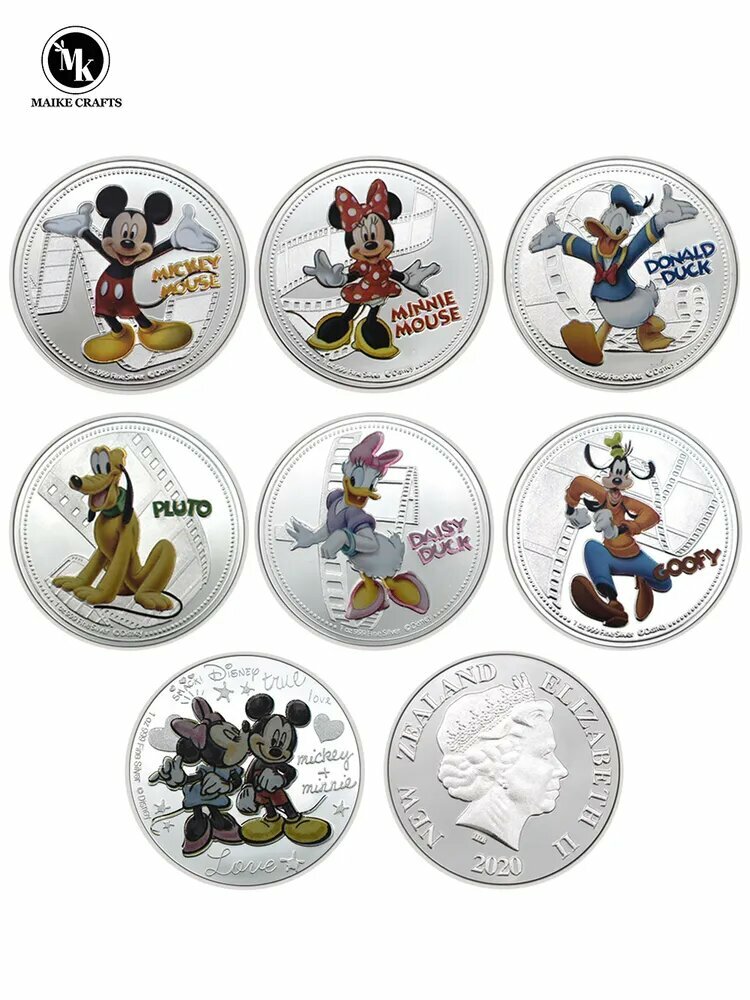 Набор памятных монет Disney 7 шт. 40мм: Микки Маус, Минни, Дональд Дак, Дейзи, Гуфи, Плуто, коллекционные сувенирные монеты, подарок детям и взрослым, фанатам Диснея