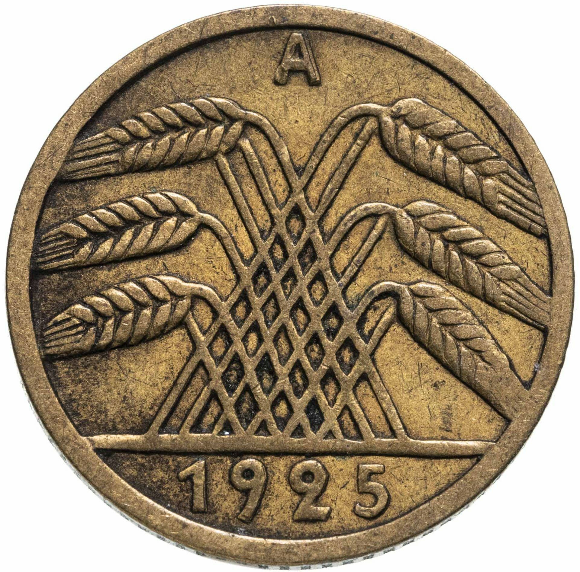 Германия 5 рейхспфеннигов reichspfennig 1925, знак монетного двора "A" — Берлин, Бронза, в сохранности XF