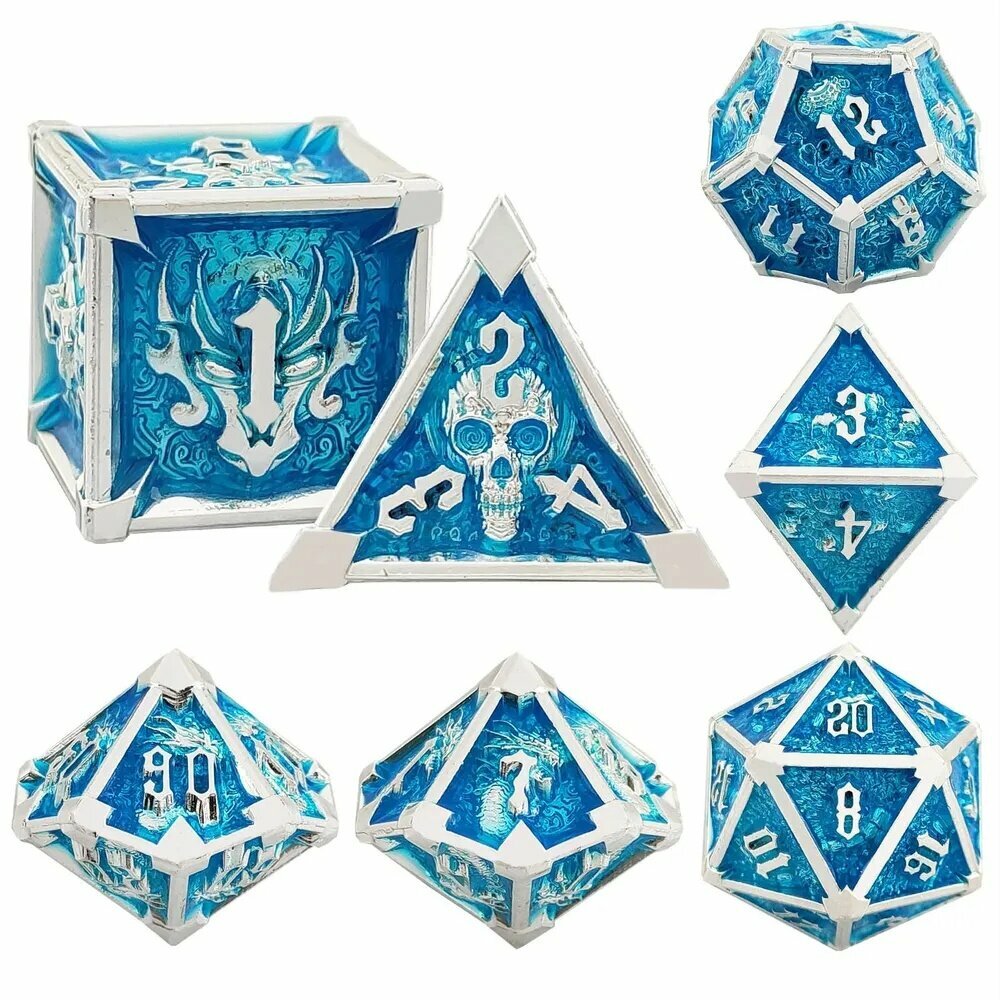 DnD Skull&Dragon Metal Dice Set, кубики метал для DnD и настольных ролевых игр (дайсы ДнД) 7 шт.