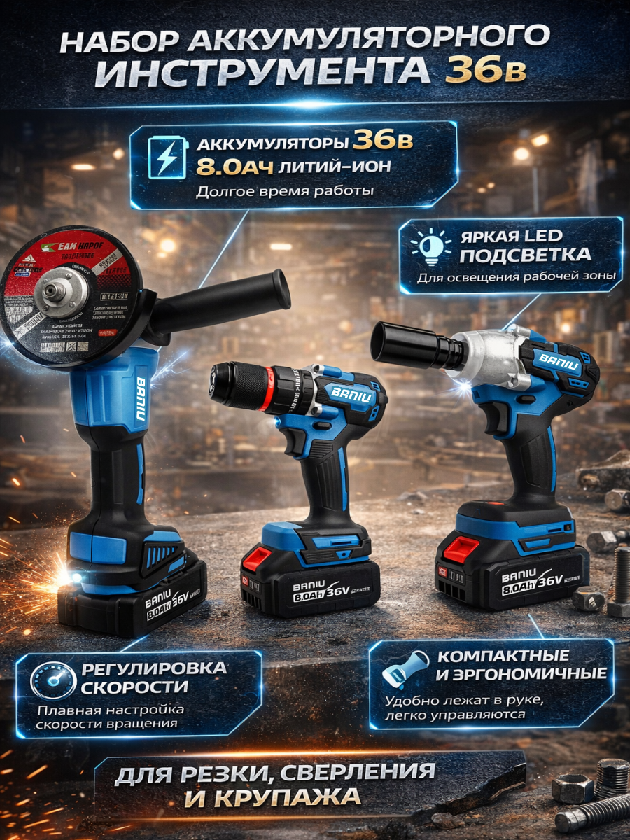 Набор электроинструментов BANIU 3 в 1, 36 В, угловая шлифовальная машина/гаечный ключ/отвертка