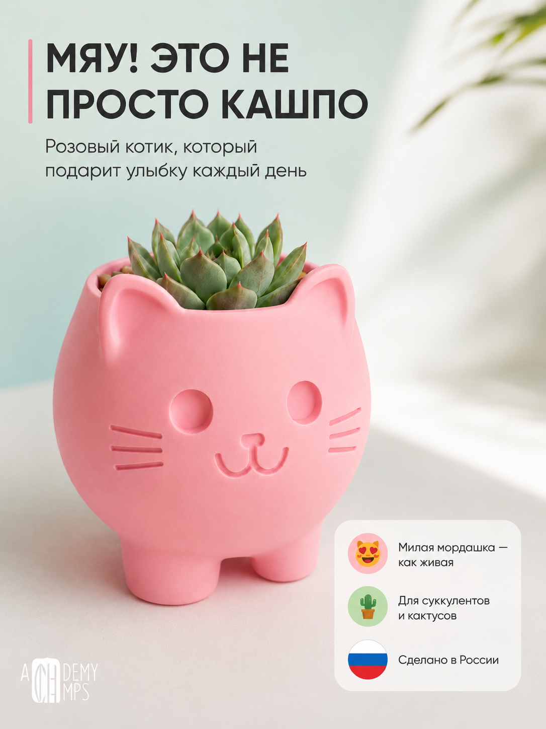 Кашпо для цветов комнатных маленькое розовое кошка для суккулентов