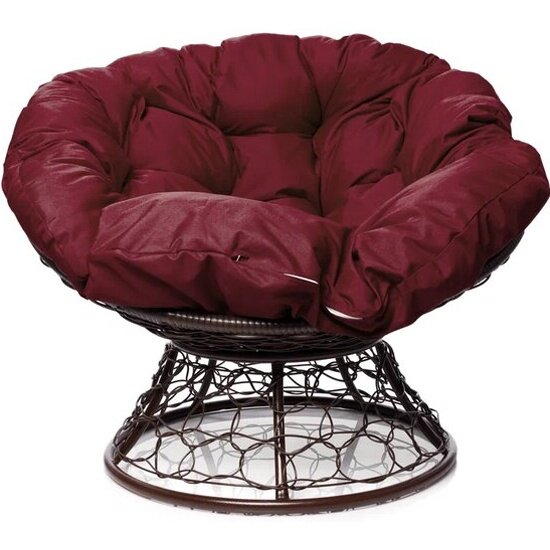 Кресло M-group Папасан ротанг коричневое + бордовая подушка