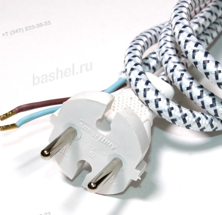 Шнур сетевой в тканевой оплетке без земли для утюга белый 1,8 м 6А/1,2кВт SmartBuy SBE-06-P10-w