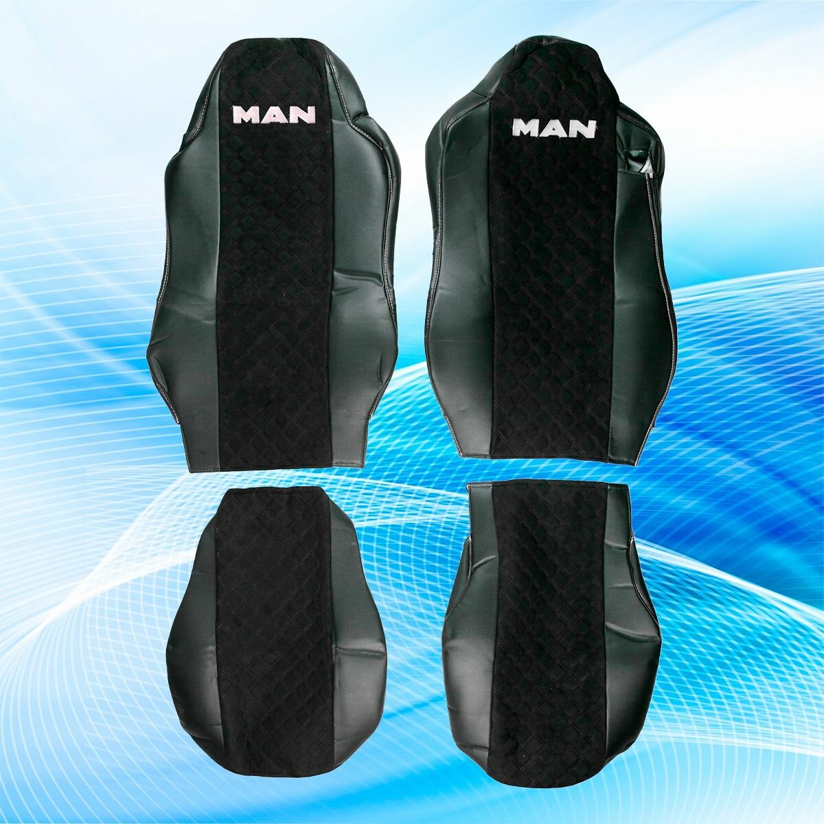 Чехлы на сиденья для MAN TGA/TGM/TGL/TGS/TGX 1 ремень. (Экокожа / алькантара) Сделано в России. Черные. Черная строчка. (комплект) (26886)