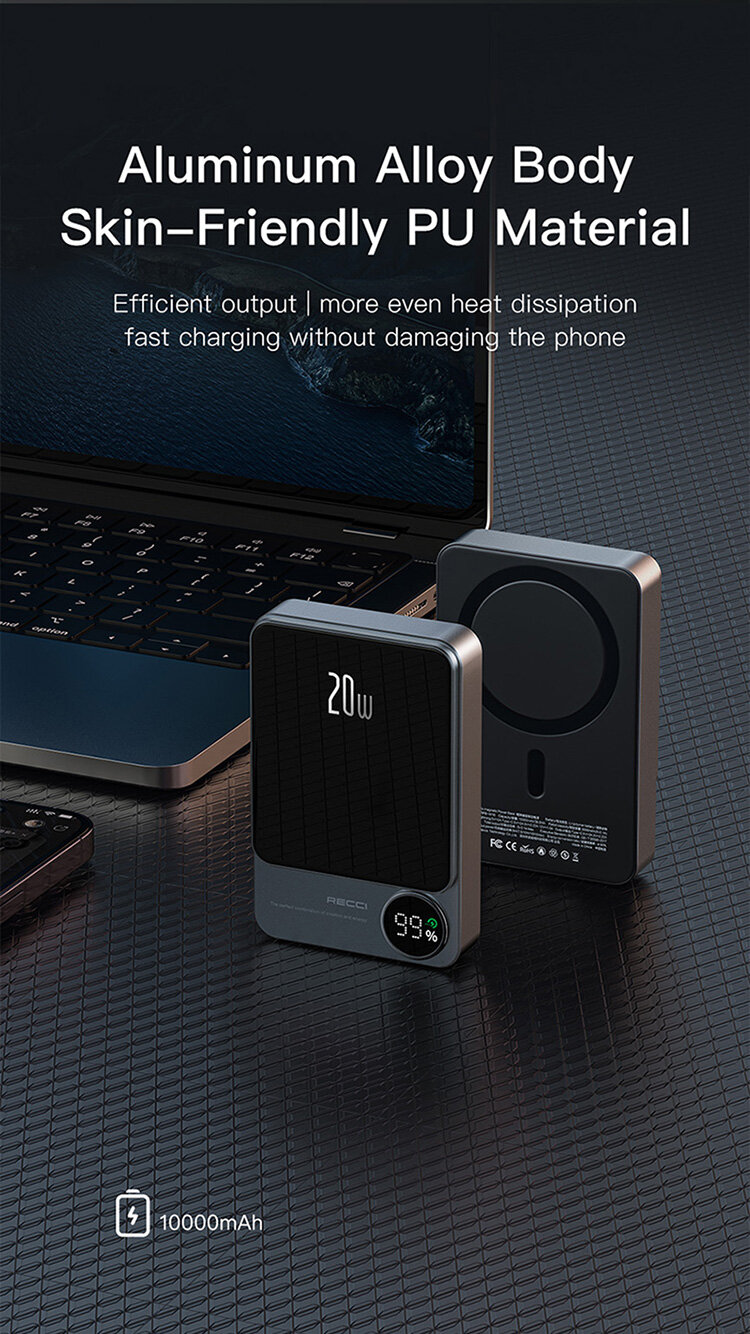 Магнитный аккумулятор с беспроводной зарядкой RECCI Matrix Alluminium, 10000 mAh, Qi15W/PD20W, Graphite Gray