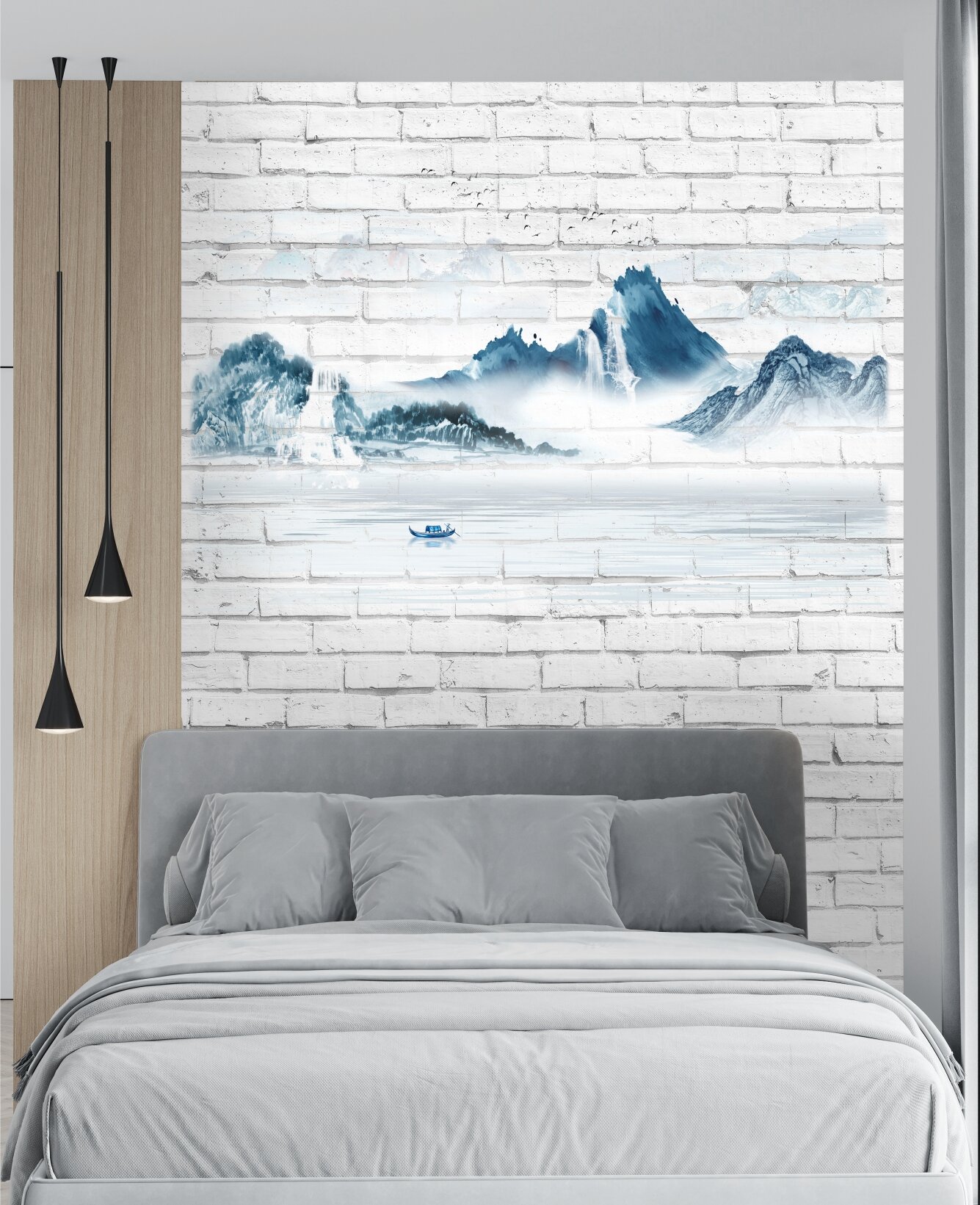 Фотообои "Горный пейзаж на фоне кирпичной стены" 200*260 см для спальни, кухни, гостиной