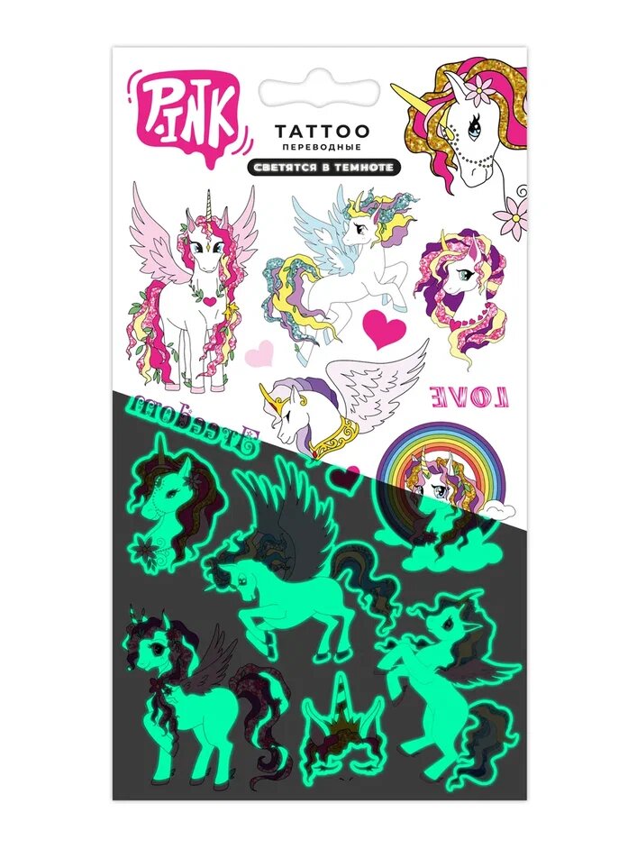 Priority Светящиеся наклейки-тату переводные 20 х 11 см ПИНК-1 Единороги для праздников