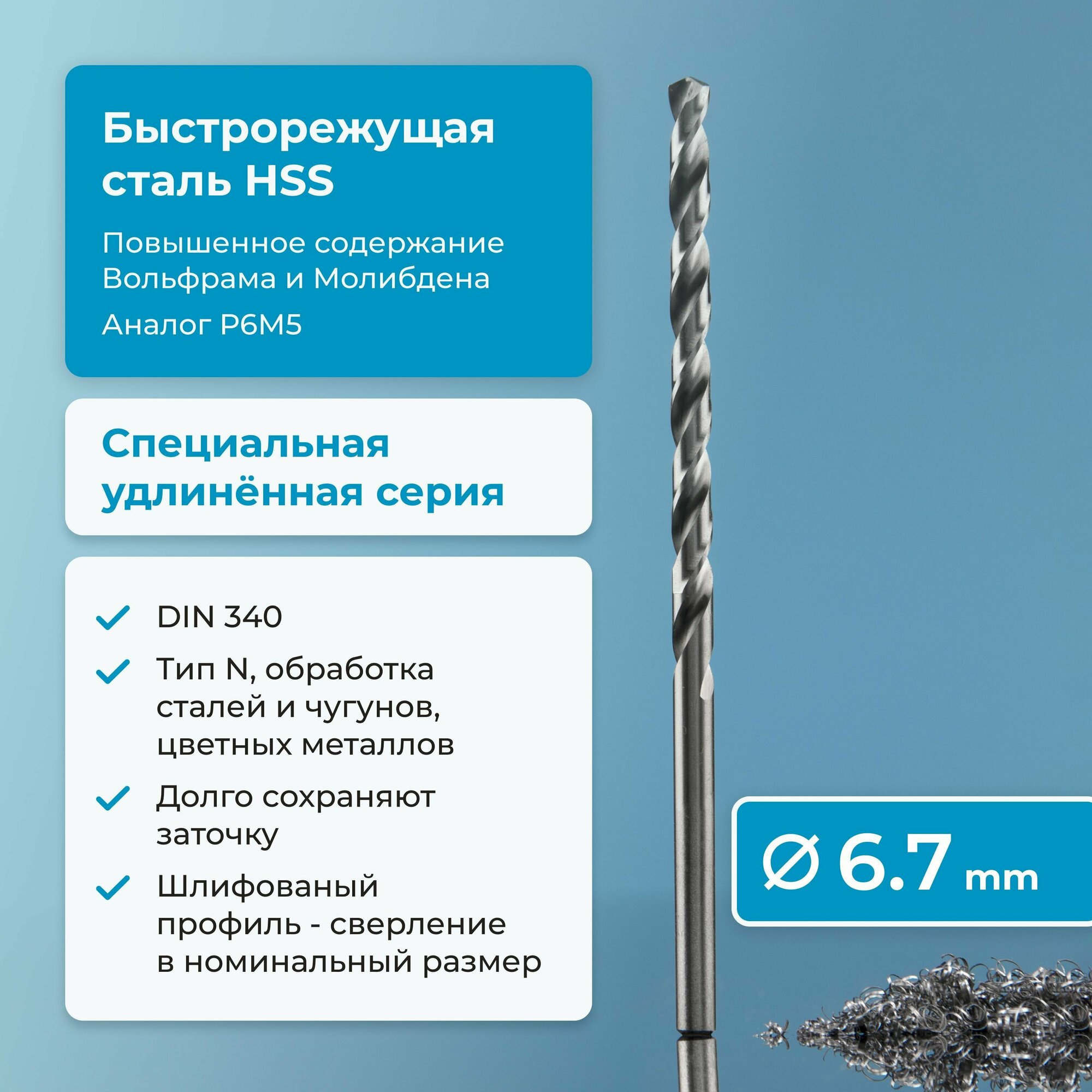 Сверло по металлу 6.7 мм NORGAU Industrial HSS удлинённое, шлифованное, с центрирующей подточкой перемычки, правое, DIN 340