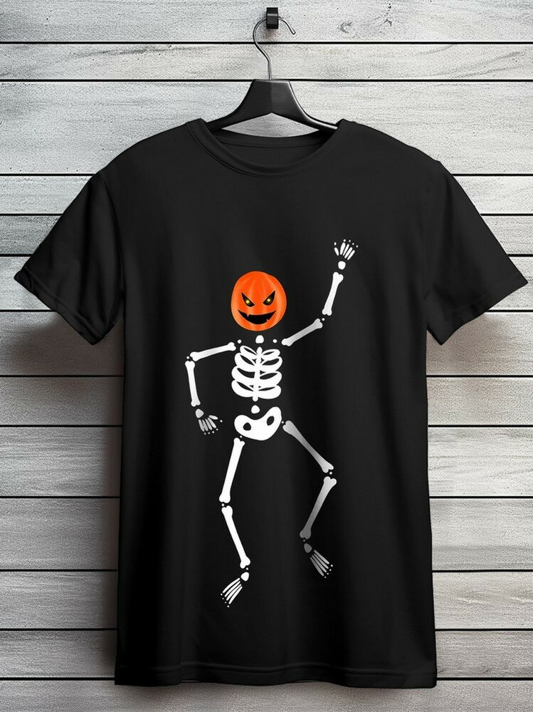 Футболка Футболка унисекс черная из хлопка с DTF принтом Хеллоуин танцующий скелет (дабстеп, осень, подарок, Helloween) - 9464