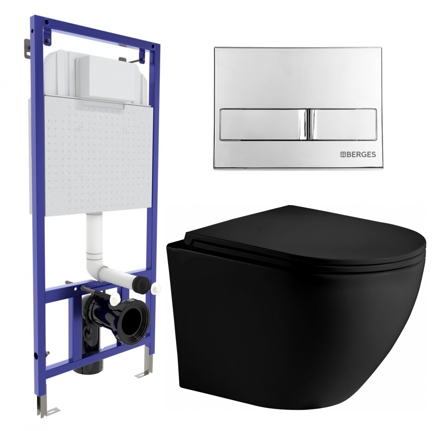 Комплект 3 в 1 инсталляция Berges Wasserhaus Novum L3 + Унитаз подвесной Weltwasser WW Merzbach 043 MT-BL + кнопка хром