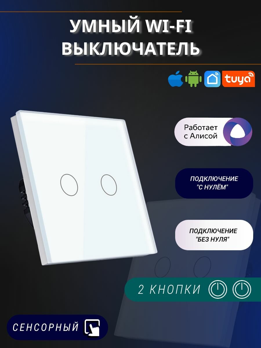 Умный сенсорный Wi-Fi выключатель Tuya, белый, 2 клавиши