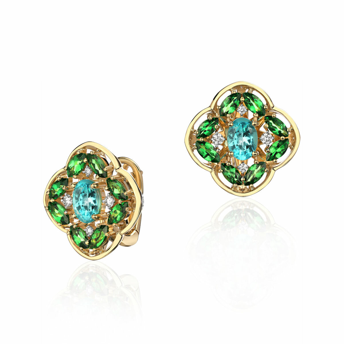 Серьги, желтое золото, 585 проба, цаворит, бриллиант