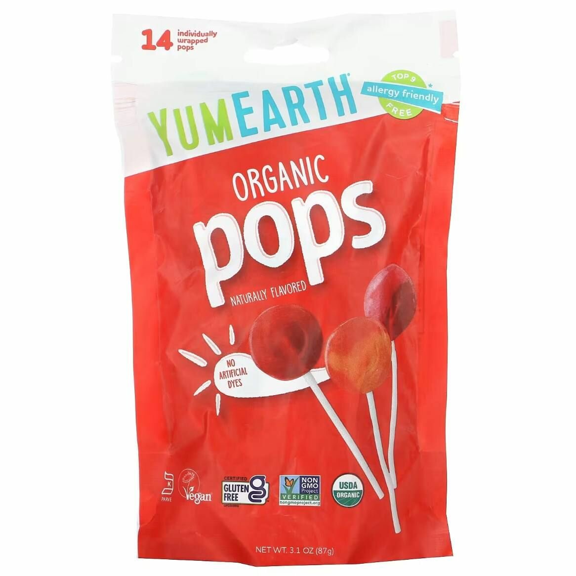 YumEarth, органические леденцы, ассорти, без глютена, Organic Pops, 14 леденцов