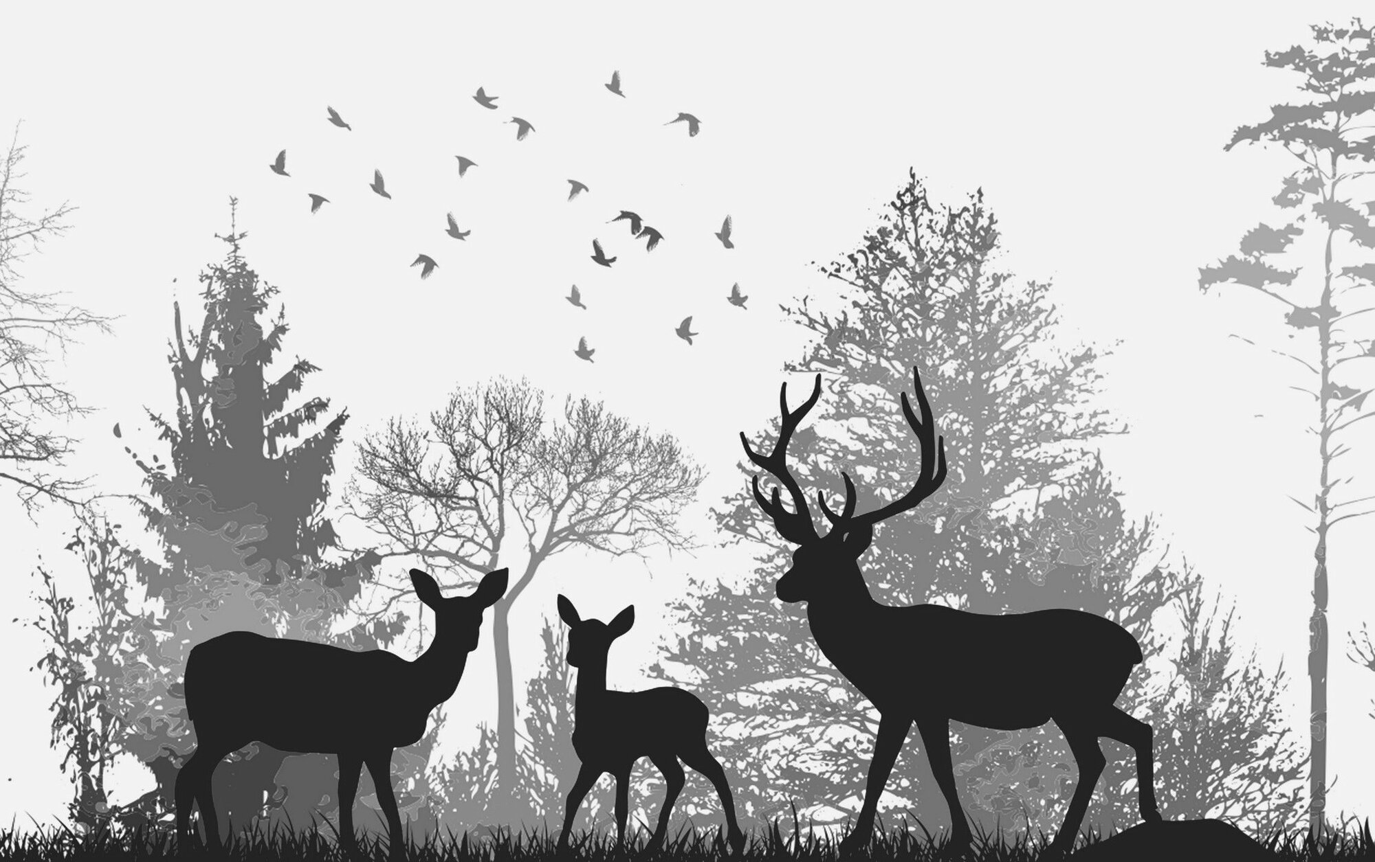 Фотообои на стену антивандальные 160х100см Олени в туманном лесу винил на флизелине зеркальные