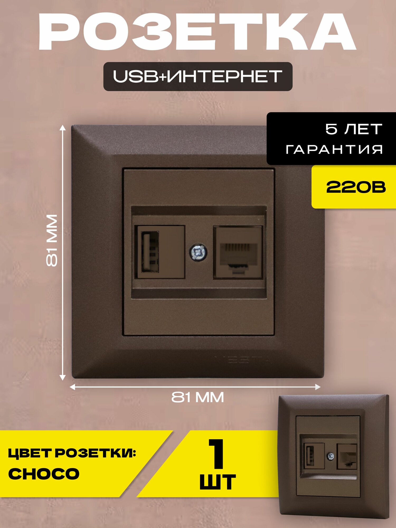 Розетка для USB + сетевого кабеля LAN коричневая с рамкой Metronex-Electric Roma Choco