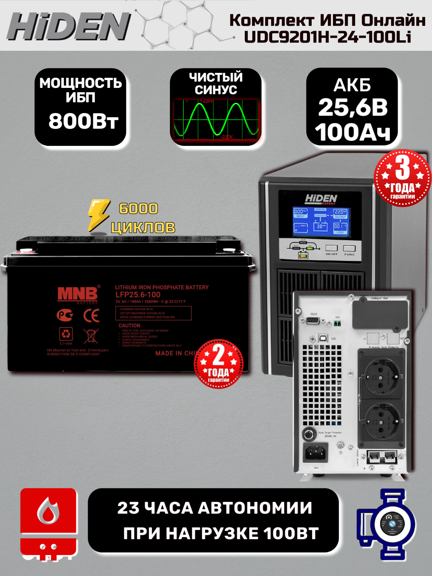 Комплект ИБП Онлайн UDC9201H-24-100Li для газового котла, и насосов отопления (1кВА, 2.56кВтч, LiFePO4)