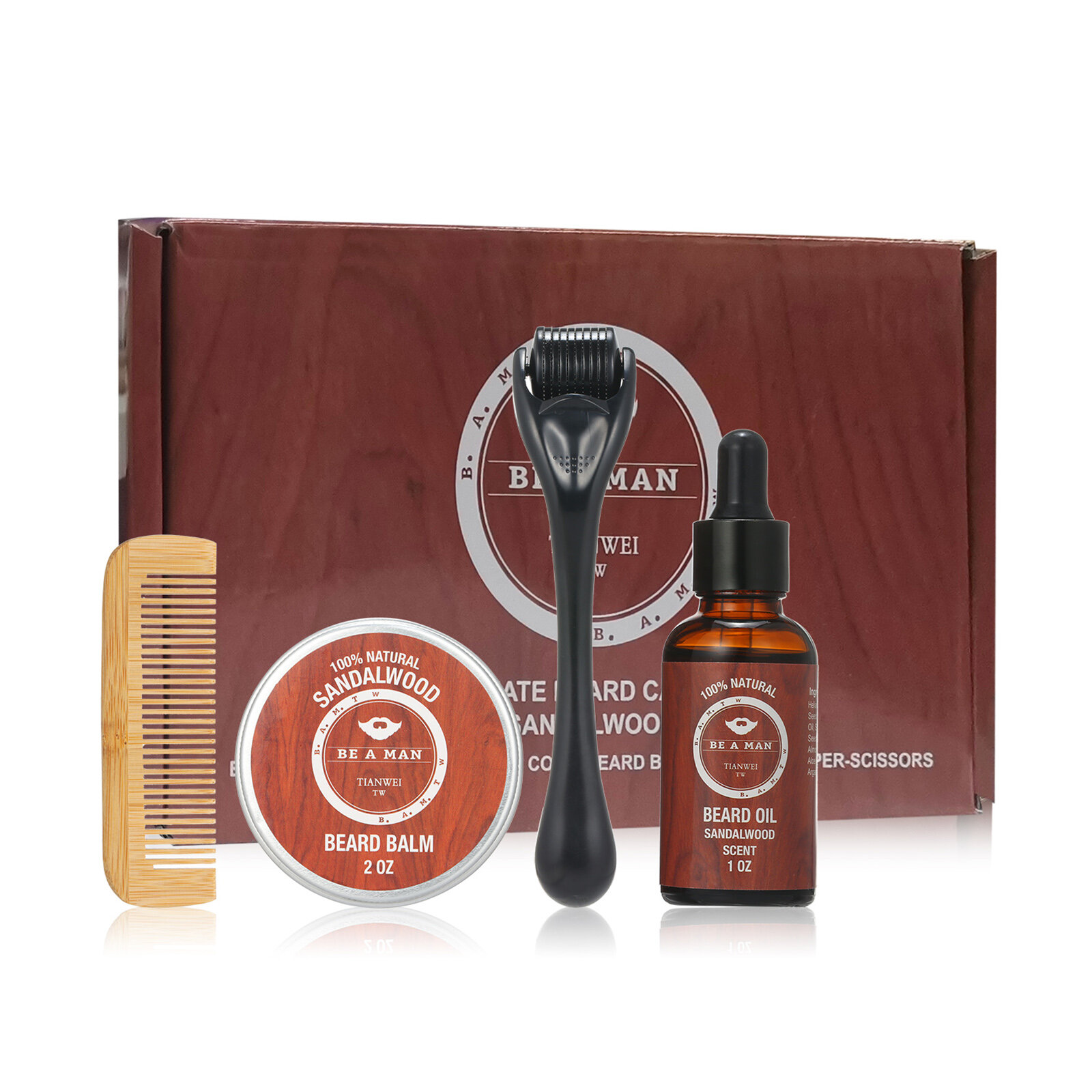 4 Pcs/set Набор для роста бороды мужской: Бородный ролик + Масло для роста бороды + Бальзам для бороды + Расческа для бороды Набор для роста волос на лице