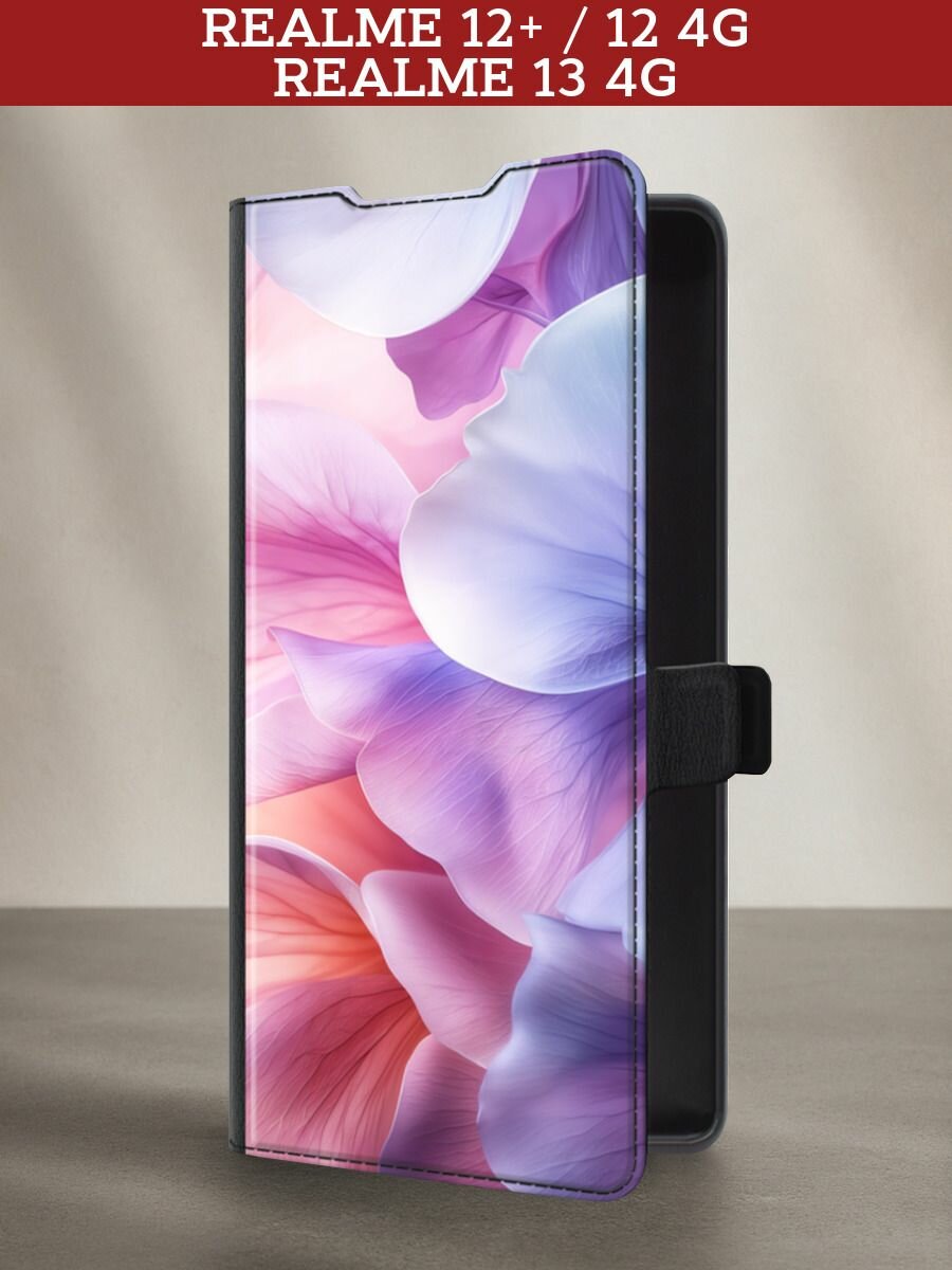 Чехол-книжка на Realme 12 Plus/Realme 12 4G/Realme 13 4G / Реалми 12 Плюс с принтом Щелковые лепестки, черный