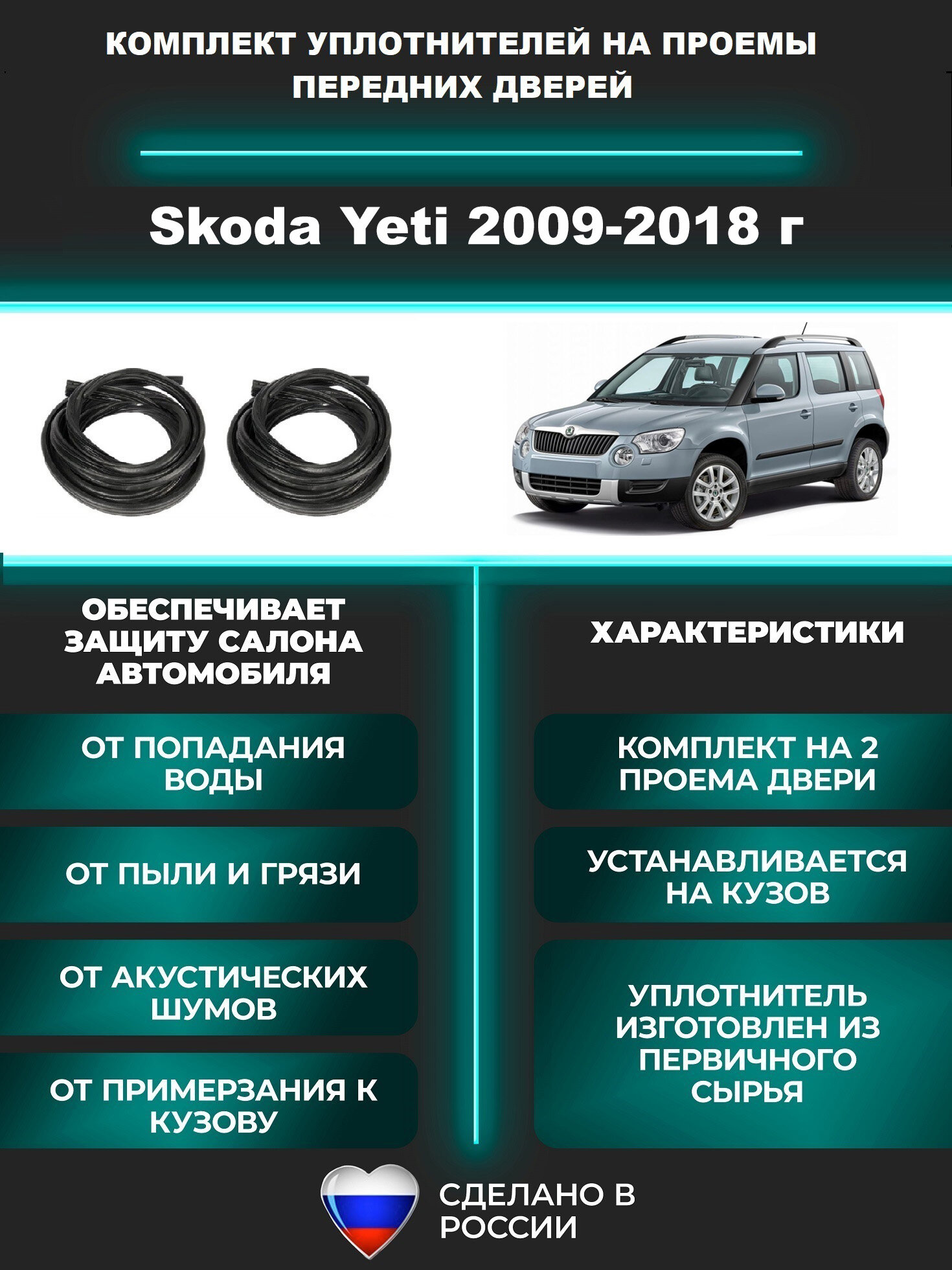 Комплект уплотнителей проема передних дверей Skoda Yeti 2009-2018 г / Шкода Йети - 2 шт