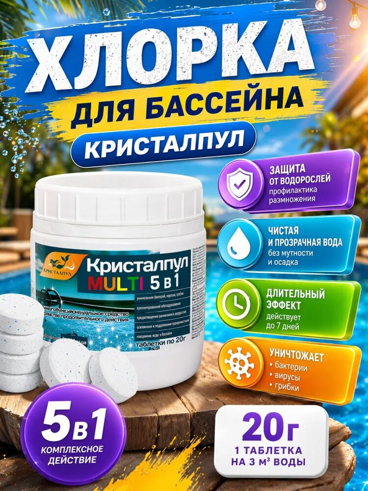 Таблетки для бассейна 20 г комплексного действия мульти 5в1 медленный хлор 25 штук. Химия для бассейнов
