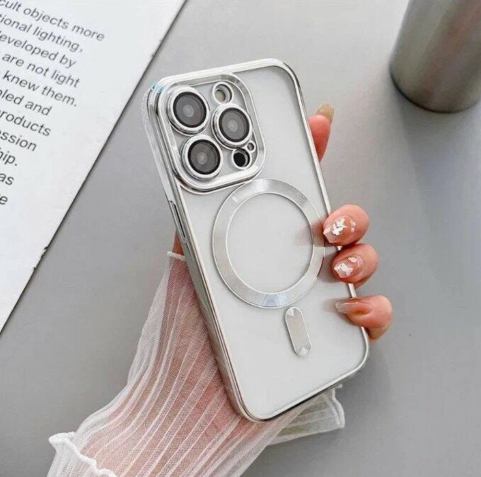 Магнитный чехол для iPhone 14 PRO MAX, Creative с поддержкой Magsafe и полной защитой камер, Серебристый