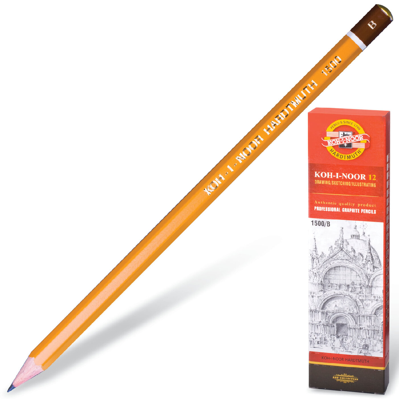 Карандаш чернографитный KOH-I-NOOR 1500, 1 шт, B, без резинки, корпус желтый, заточенный, 150000B01170RU