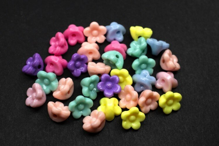Бусины акриловые Цветок 10х10,5х7мм, отверстие 1,5мм, ассорти цветов, 540-273, 10г (около 34шт)