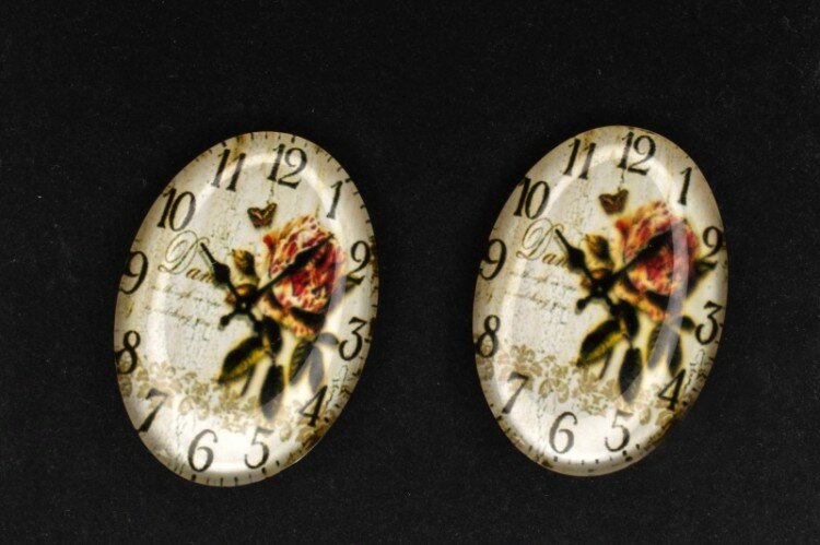 Кабошон стеклянный овальный с принтом Часы 35х25х7мм, оттенок бежевый/зеленый, 2001-012, 1шт