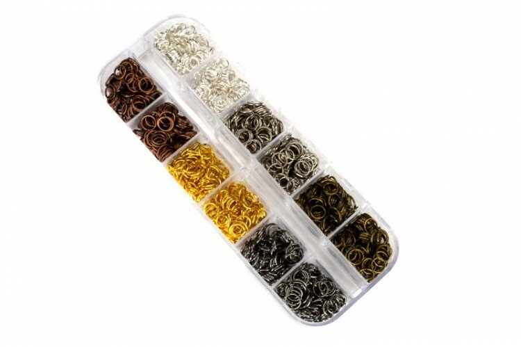 Набор колец соединительных в контейнере 6х0,7мм, разъёмные, цвет серебро, золото, бронза, медь, платина, черный, железо, 13-021, 1уп (около 600шт)